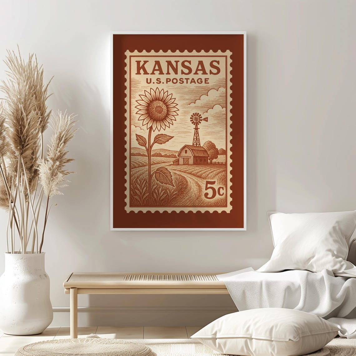 Vintage Kansas Postage Stamp Poster Sunflower & Barn Farm Scene Wall ...