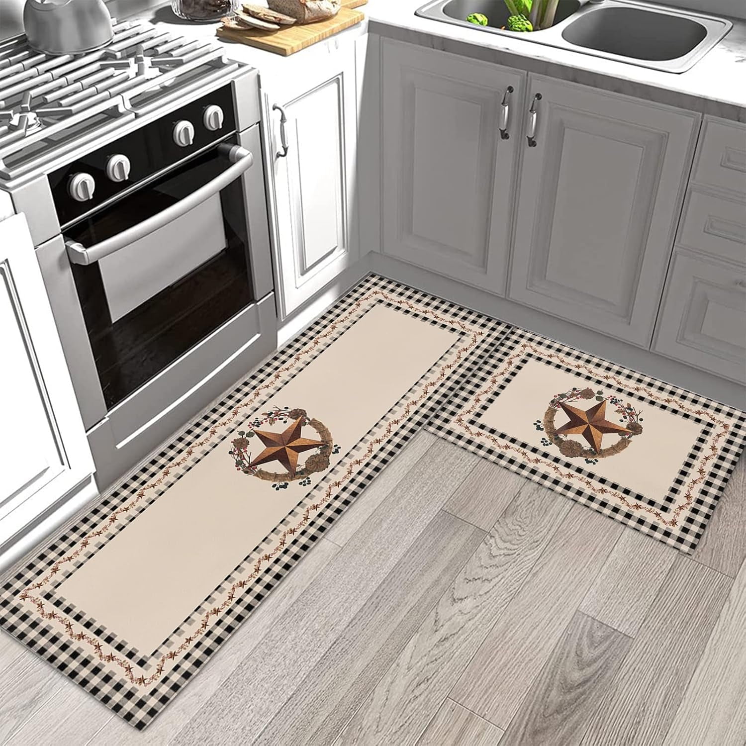 Vintage Kitchen Rugs and Mats Set of 2, Rustic Golden Country Stars ...