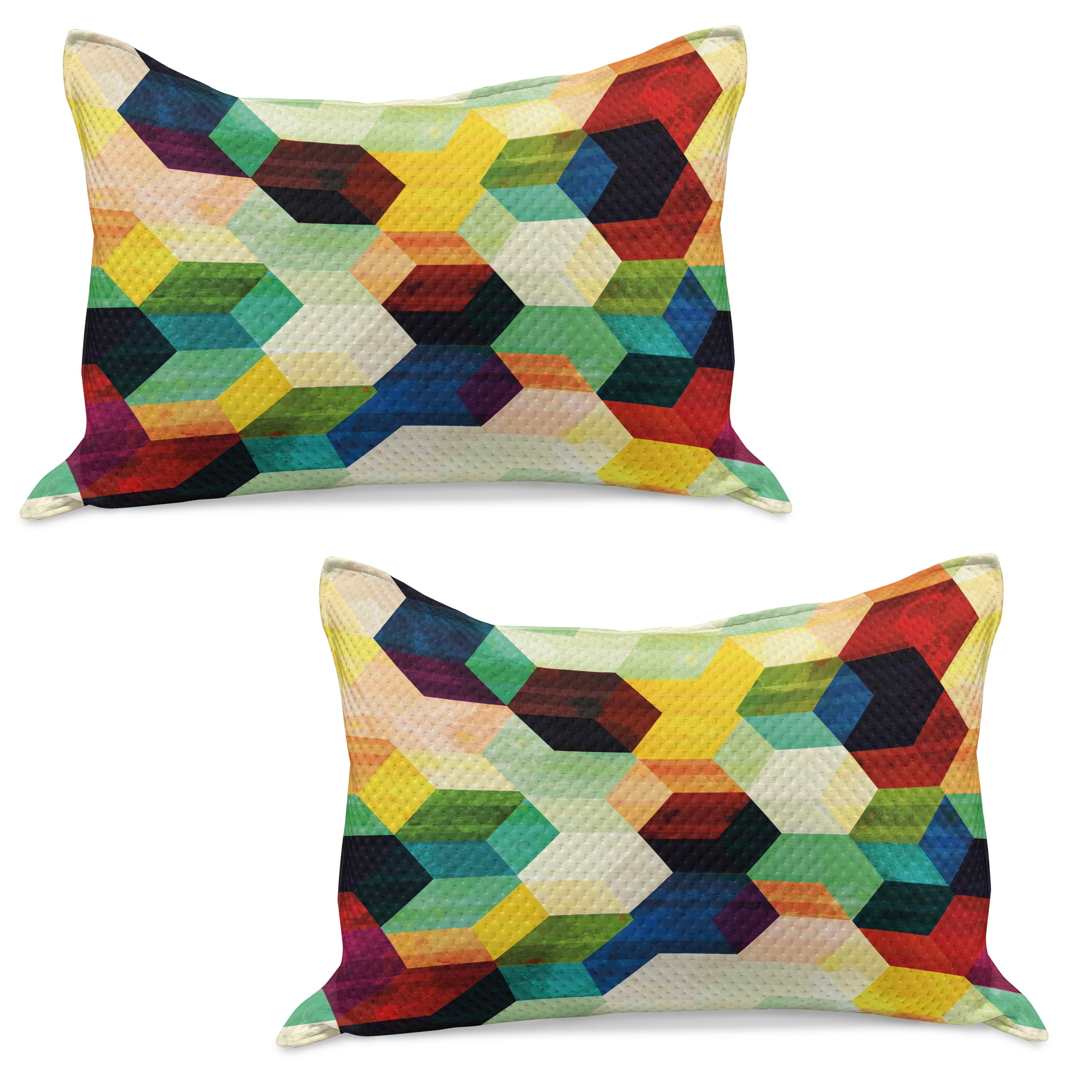 Vintage Knitted Quilt Pillowcover Set Of 2 Rhombus Pattern Grunge Effect Hexagonal Pattern