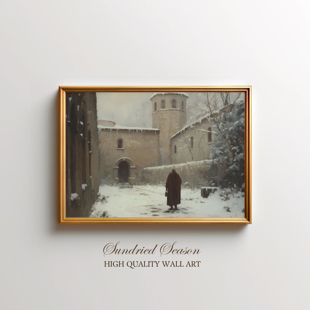 Vintage Kristmas Monk Wall Art, Historical Print, Snowy Cloister, Monk ...