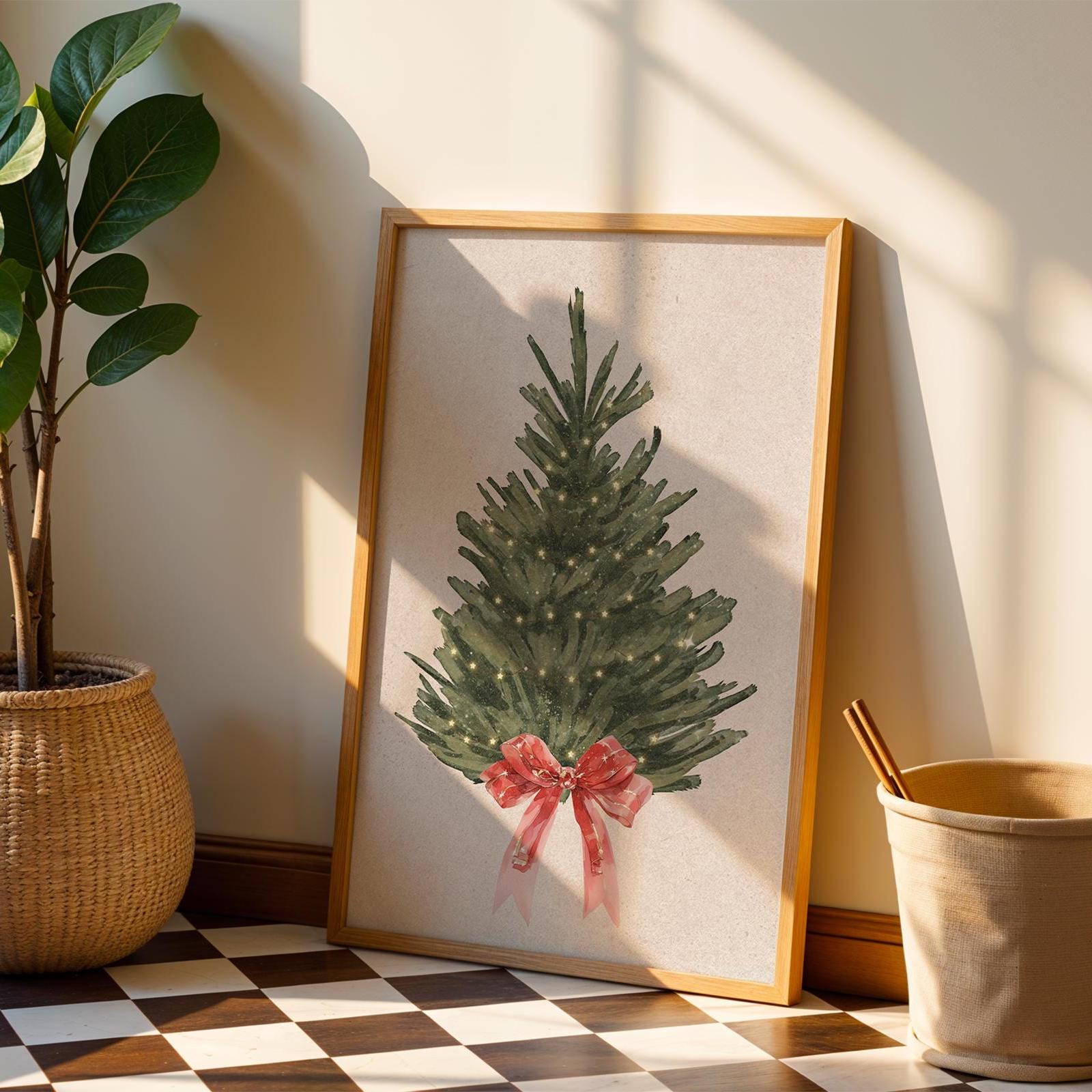 Vintage Kristmas Tree Print With Bow, Retro Wall Art Print, Minimalist ...