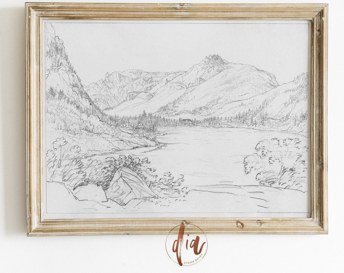 Vintage Landscape Drawing, Valley Sketch, Antique Landscape Sketch ...