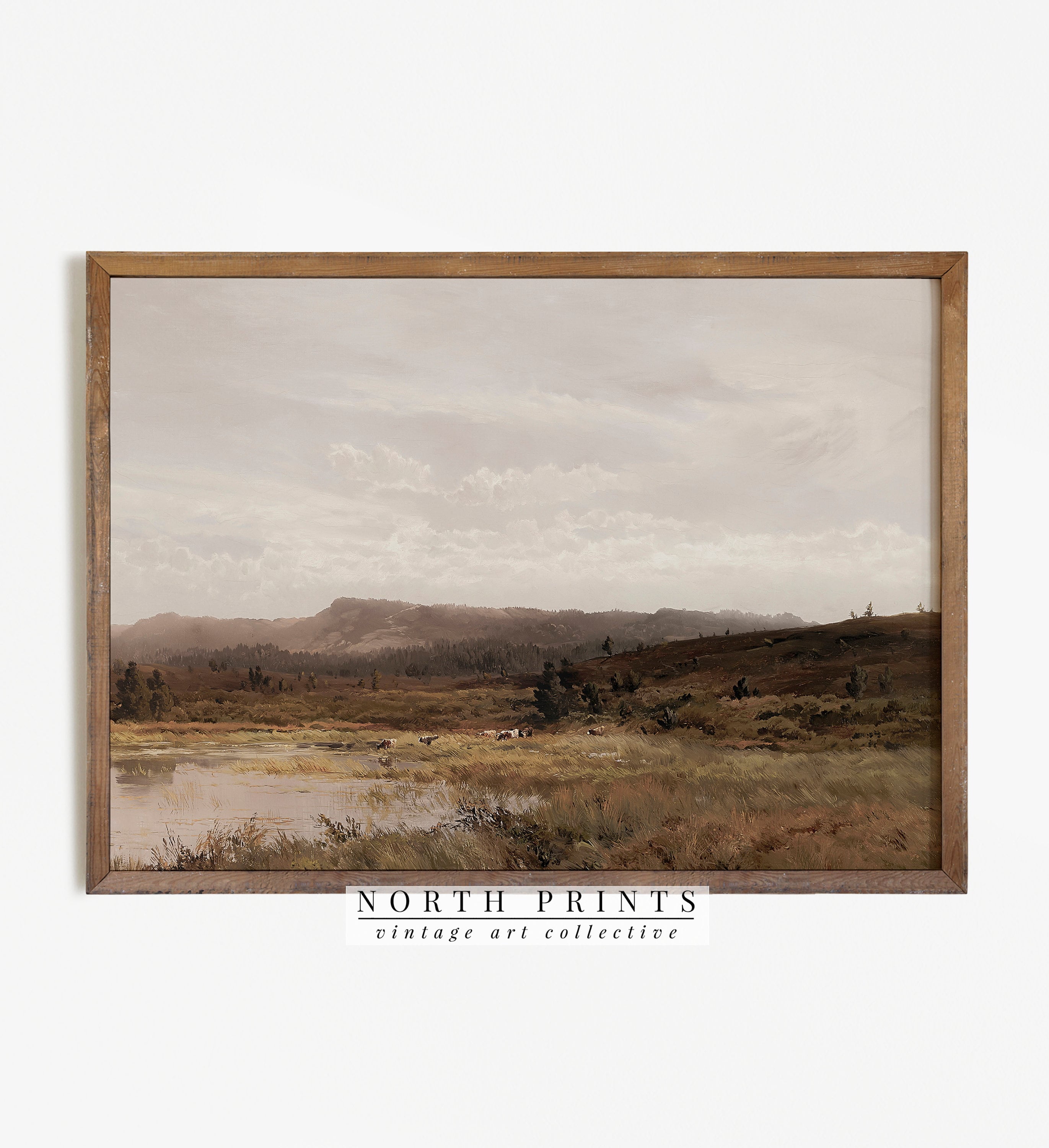 Vintage Landscape Print | Grazing Cows Rustic Valley | Above Bed Poster ...