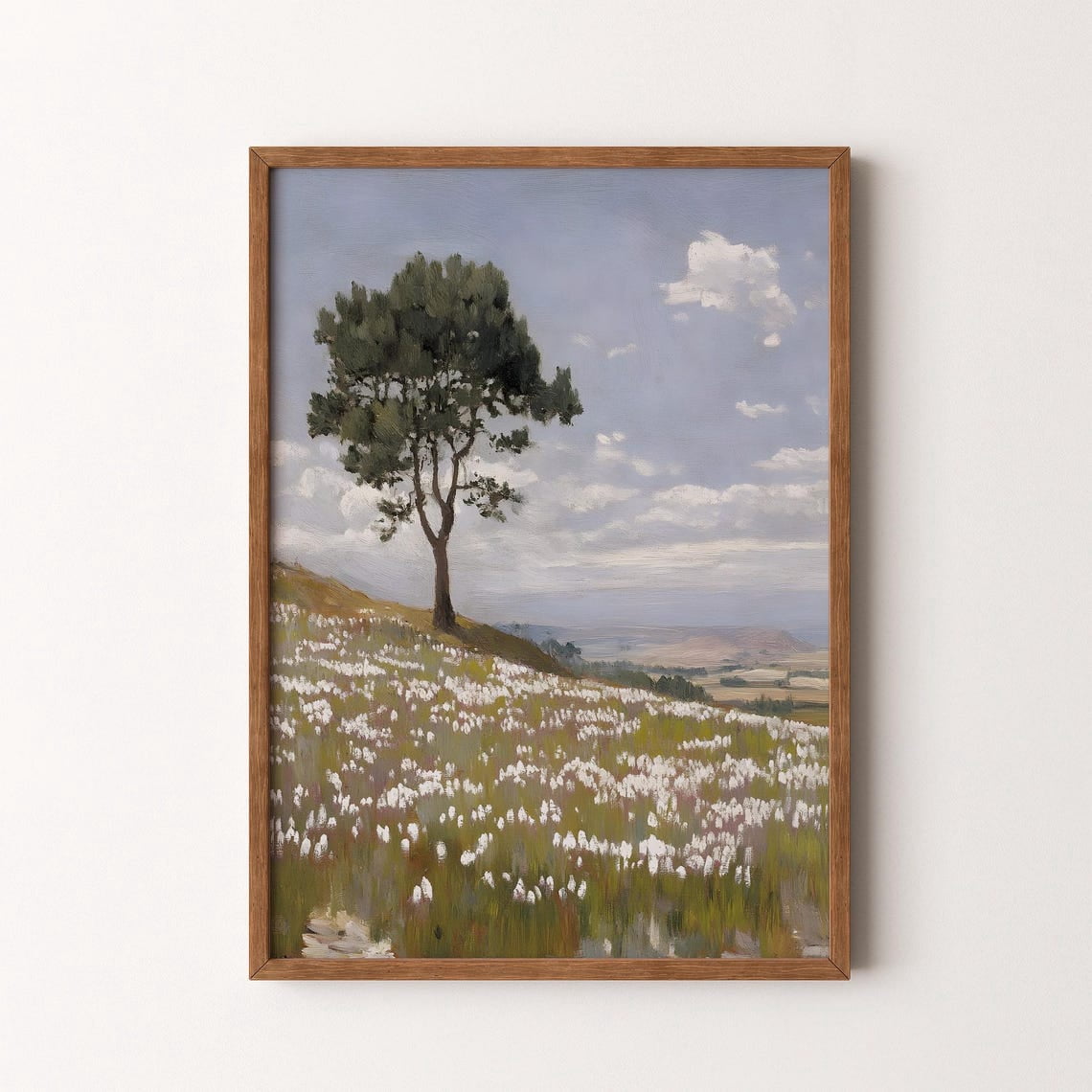 Vintage Landscape Rustic Field Cotton Grass Lone Tree Muted, Stretched ...