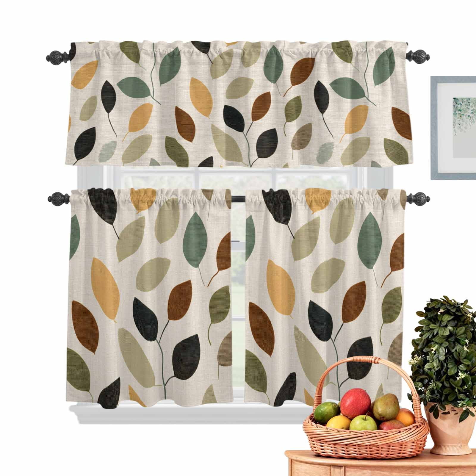 Vintage Leaf Kitchen Curtains Valances 3 Piece Set, Spring Abstract ...