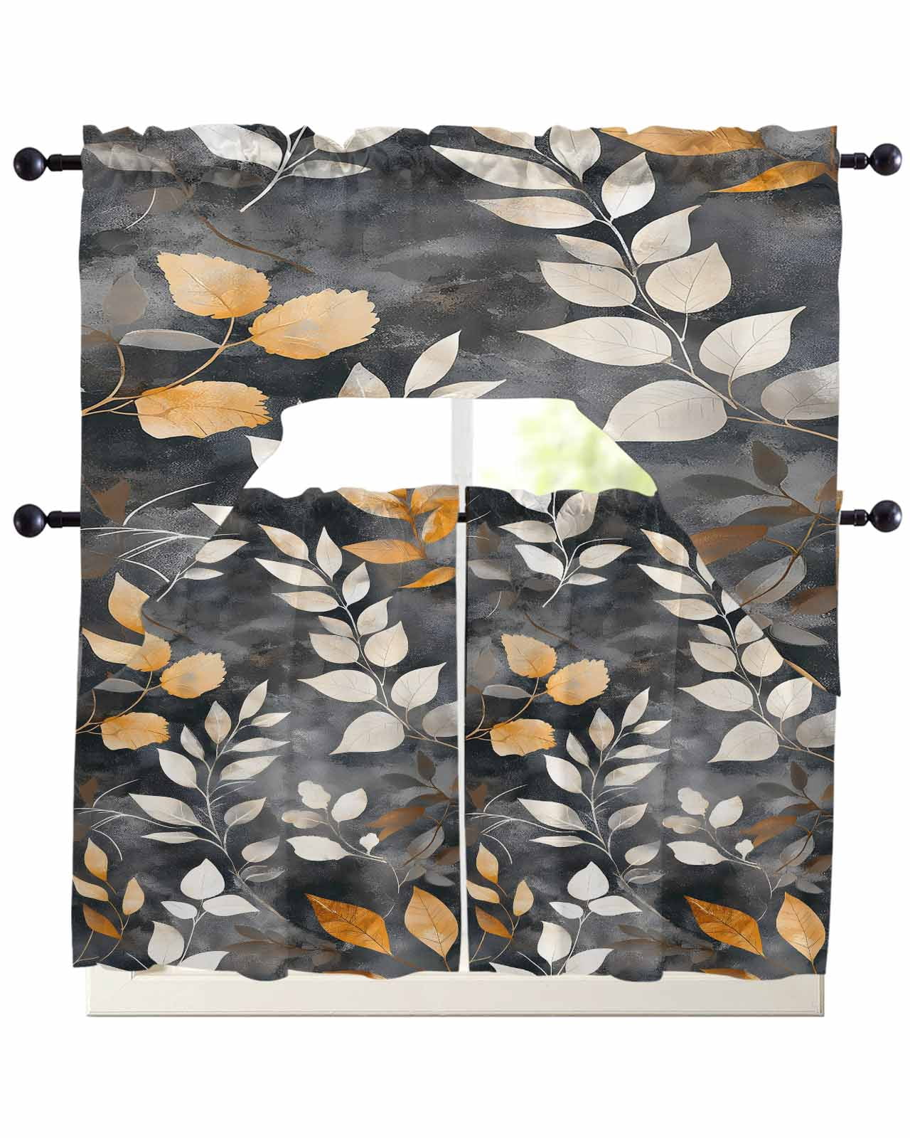 Vintage Leaves Kitchen Curtains Swag Valance and Tier Curtains Set 24 ...