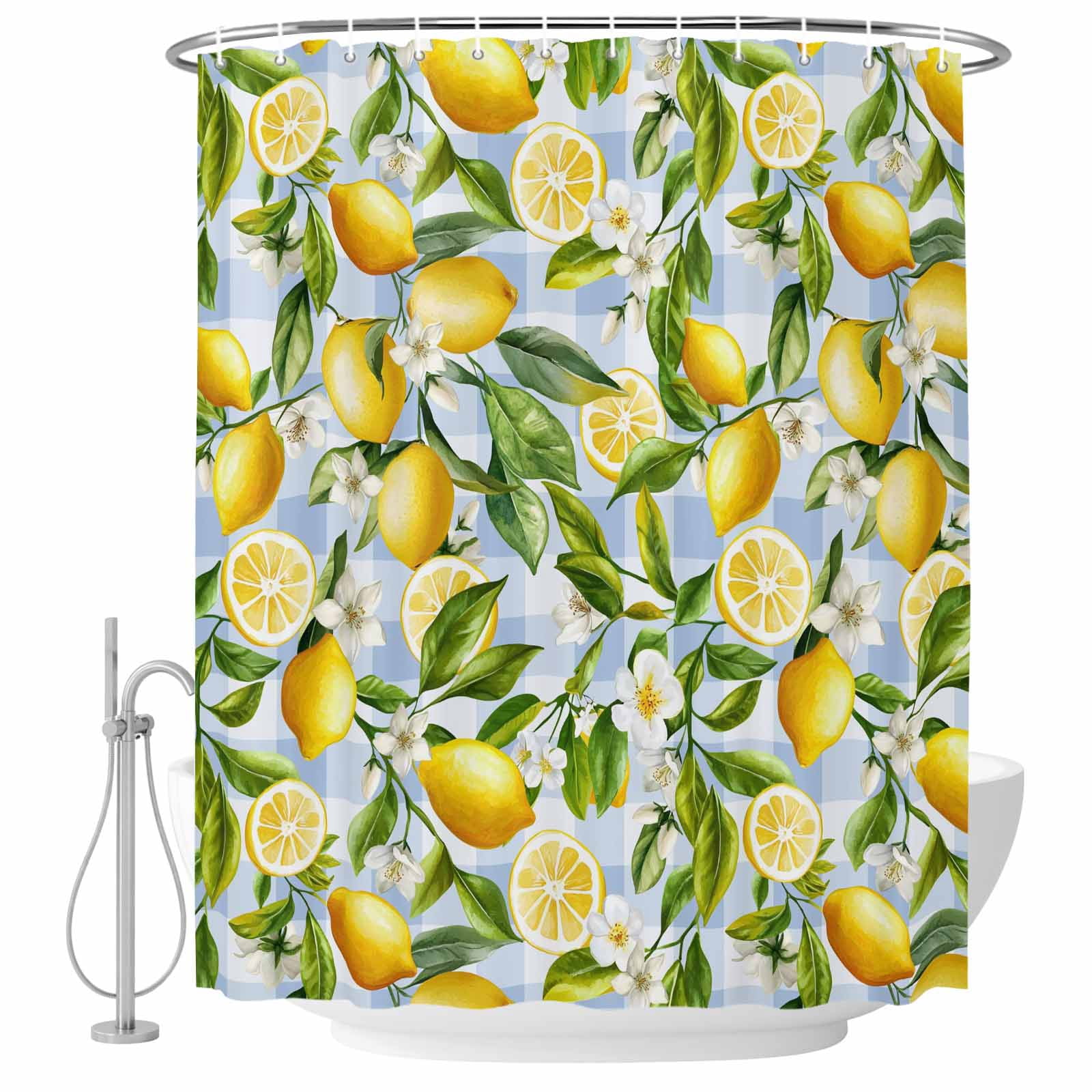Vintage Lemon Bathroom Shower Curtains with Hooks, Green Leaf Summer ...
