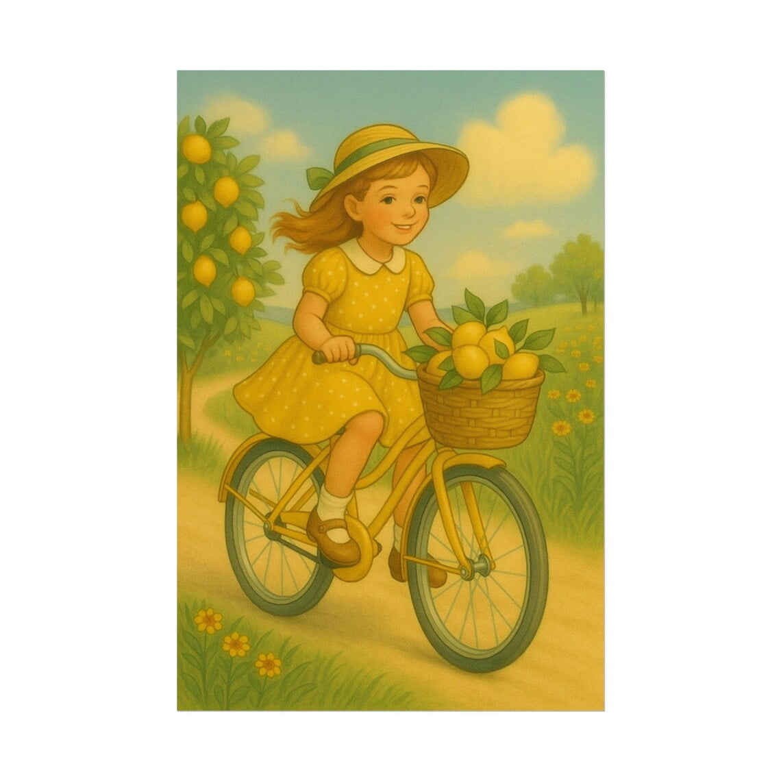 Vintage Lemon Bicycle Print Girl In Yellow Dress With Lemons Retro ...