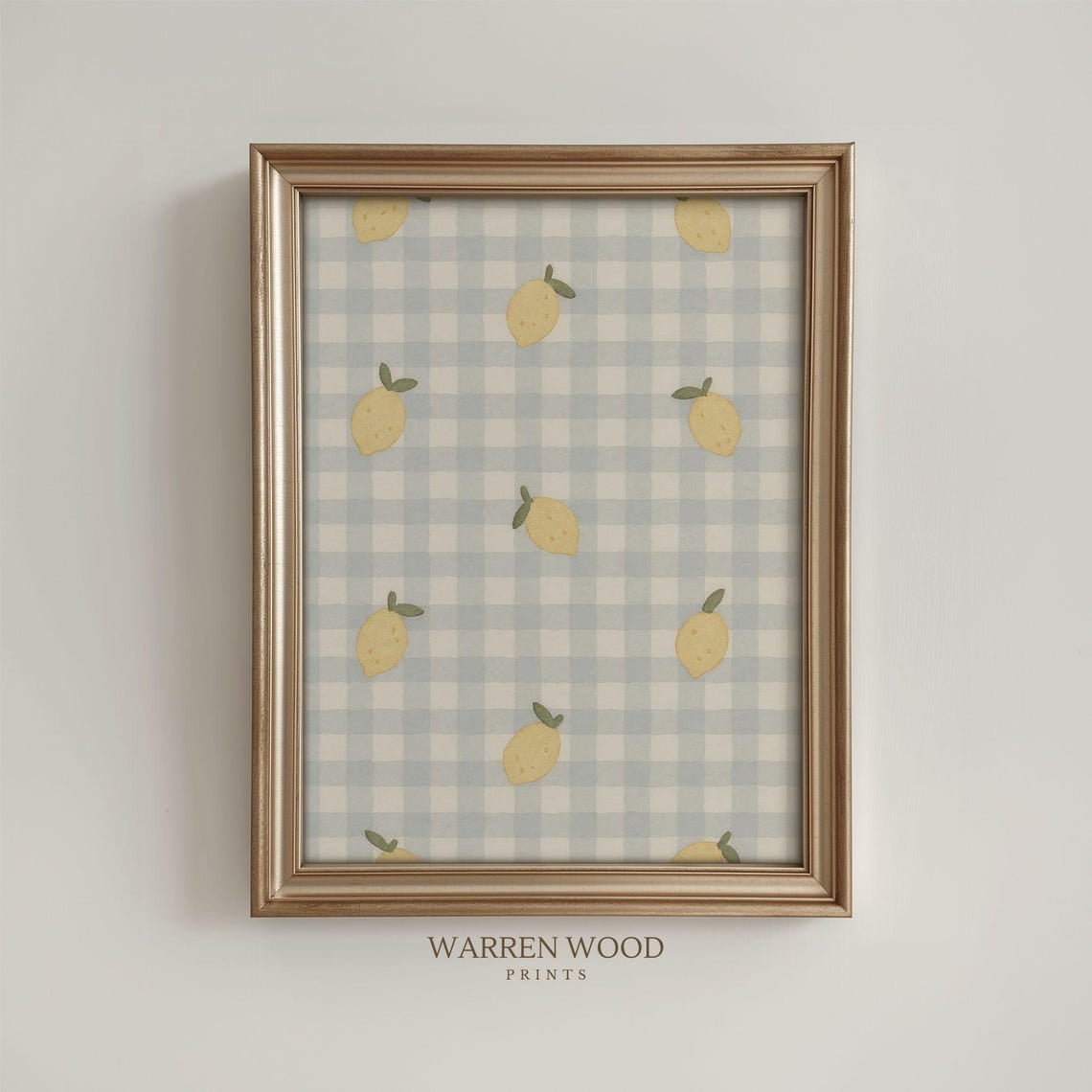 Vintage Lemon Gingham Print, Washed Blue Kitchen Wall Art, Cottagecore ...