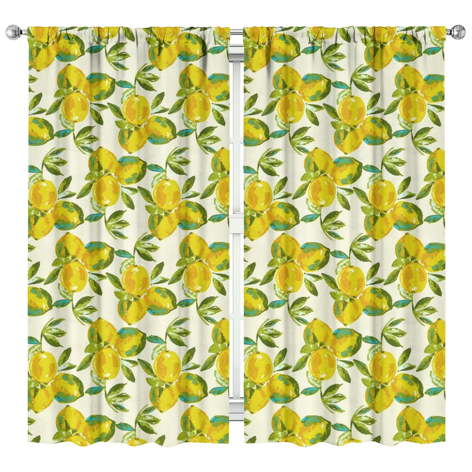 Vintage Lemon Print Kitchen Curtains - 2 Piece Set, Cute Floral Design, Semi-Sheer Short ...