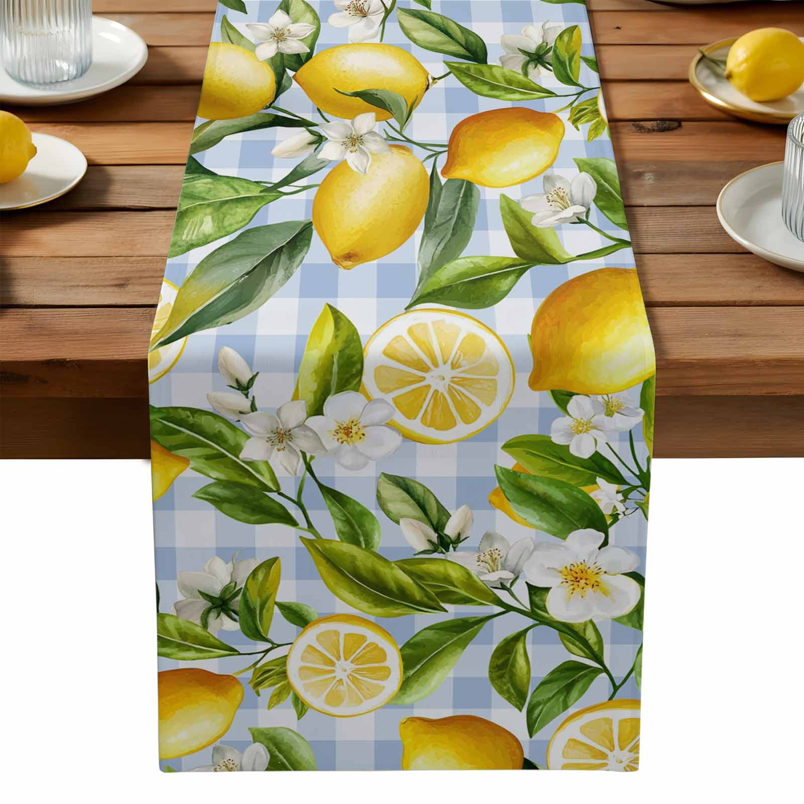 Vintage Lemon Table Runner, Green Leaf Summer Blue Plaid Country ...