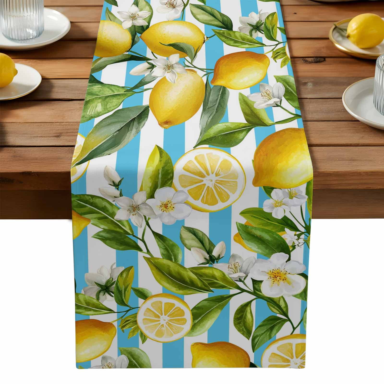 Vintage Lemon Table Runner, Green Leaf Summer Blue Stripes Country ...