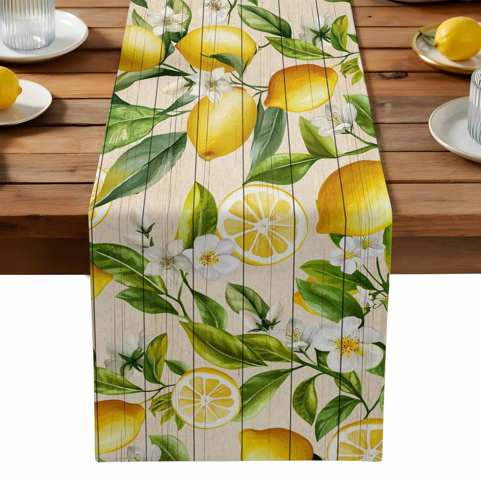 Vintage Lemon Table Runner, Green Leaf Summer Wood Grain Country ...