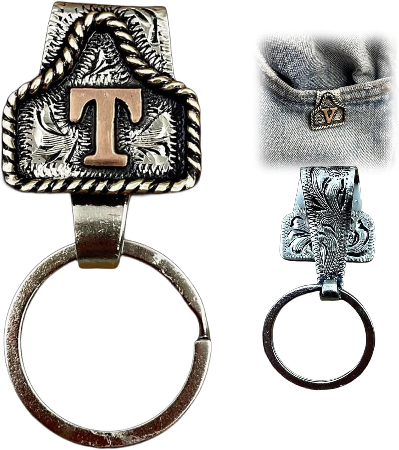 Vintage Letter Keychain, Handmade Cow Tag Belt Key Holder with Copper ...