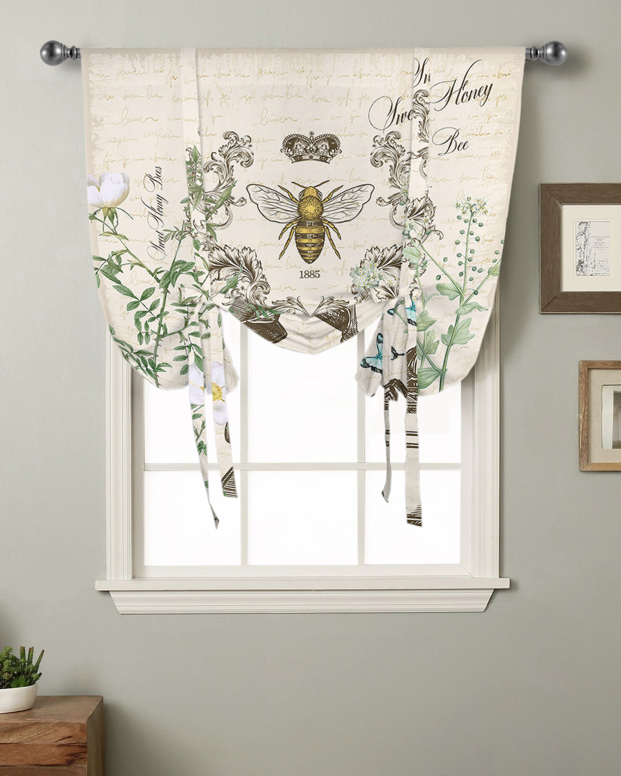 Vintage Letter Retro Bee Butterfly Flower Kitchen Short Window Curtain ...