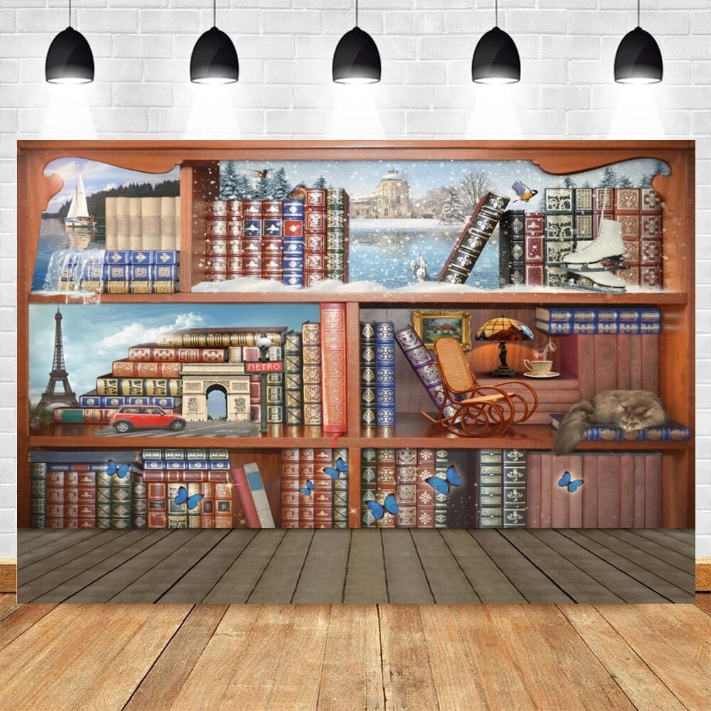 Vintage Library Backdrop Photocall Wood Bookshelf Back To School Baby ...