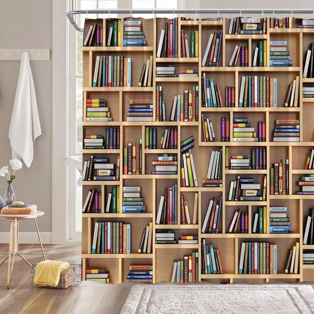 Vintage Library Bookshelf Shower Curtain Wooden Educational Bookcase ...