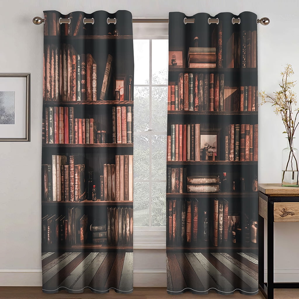 Vintage Library Bookshelf Wooden Barn Door Window Curtains Drapes for ...