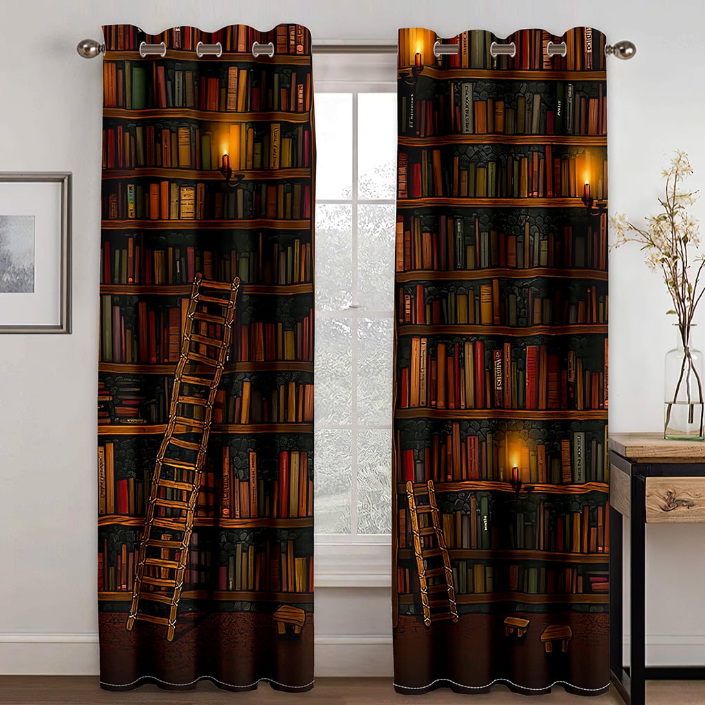 Vintage Library Bookshelf Wooden Barn Door Window Curtains Drapes for ...