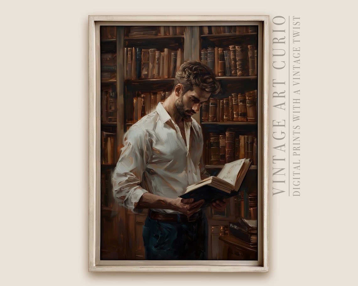 Vintage Library Gentleman Portrait Wall Art, Book Nook Art, Antique ...