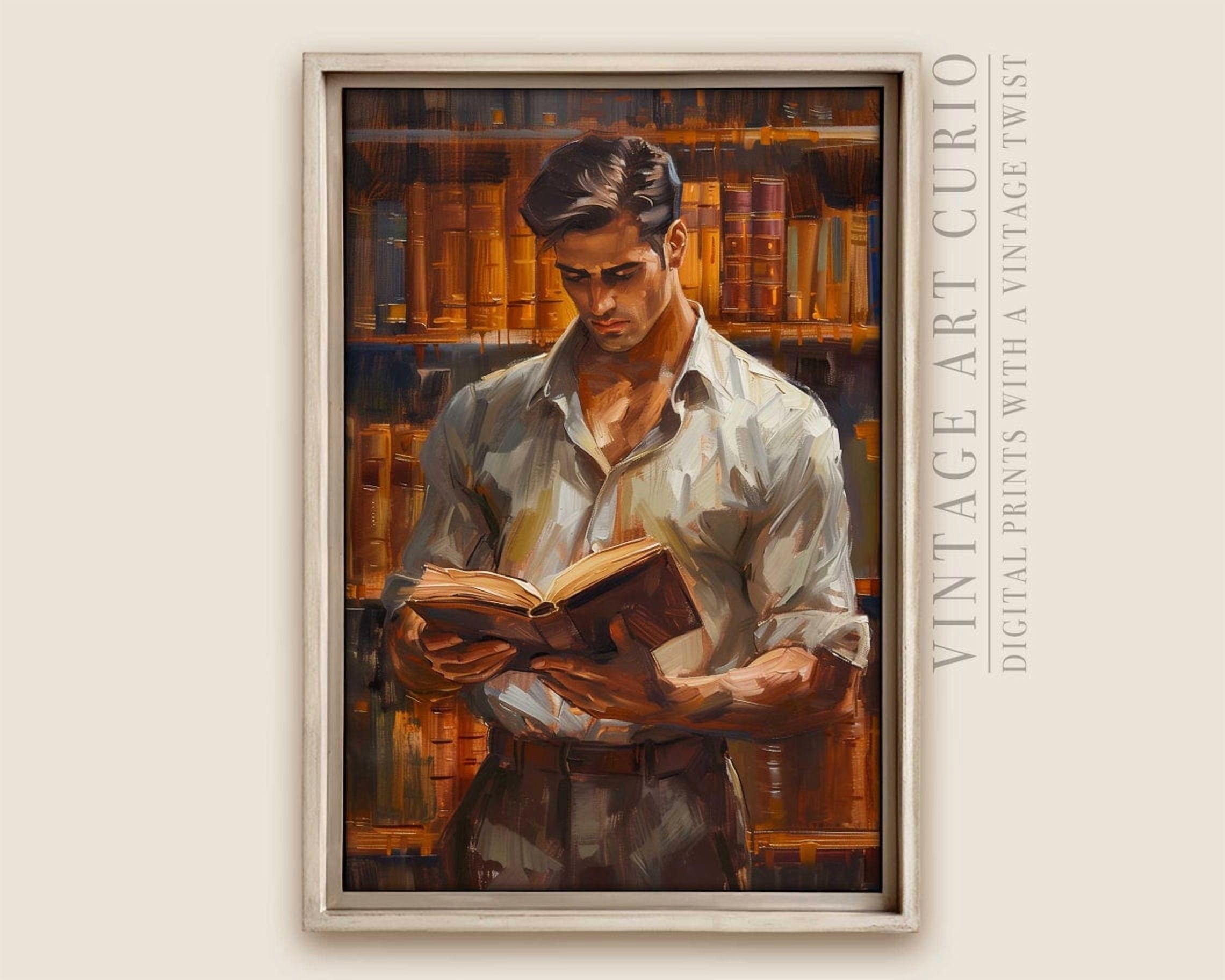 Vintage Library Gentleman Portrait Wall Art, Book Nook Art, Antique ...