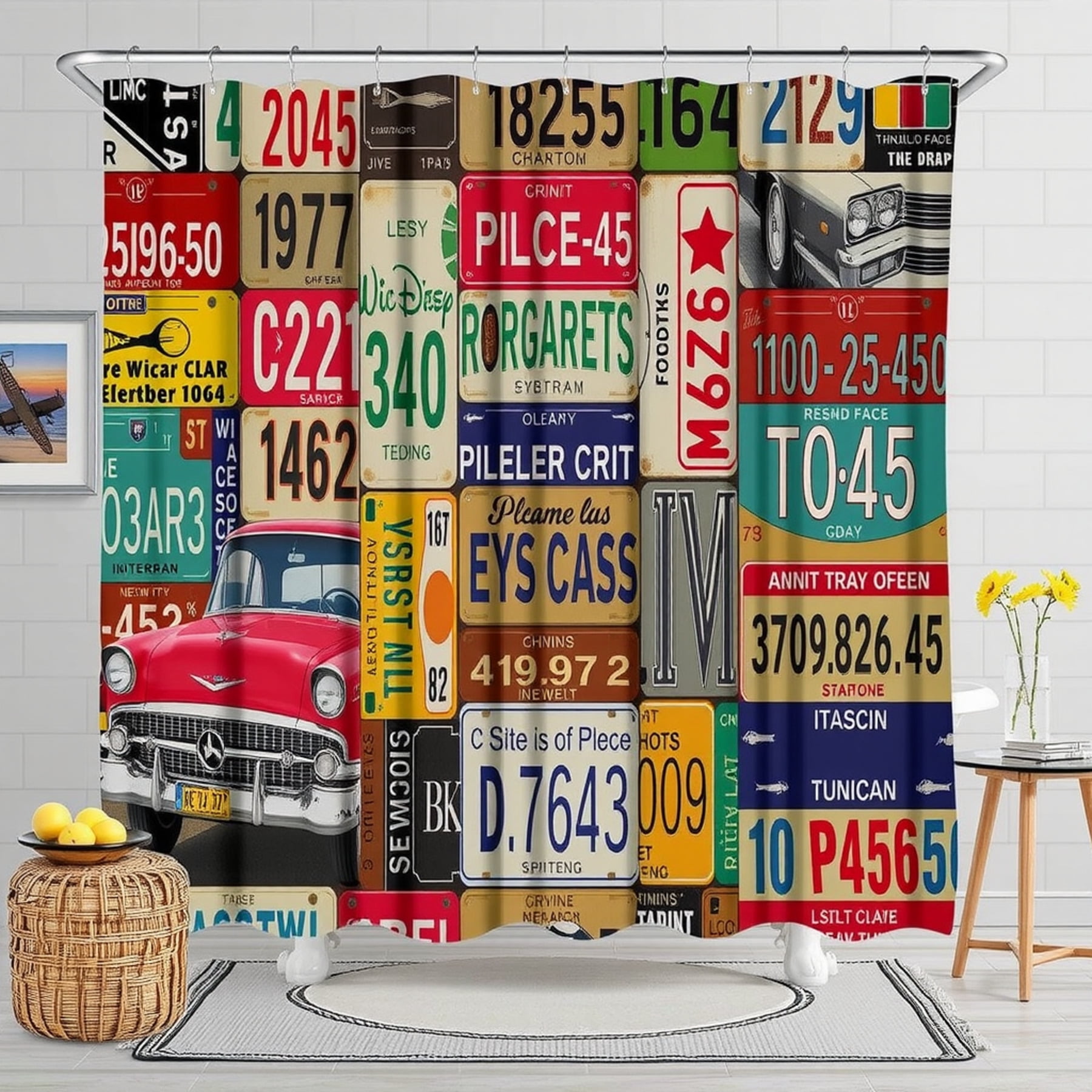 Vintage License Plate Shower Curtain with Classic Red Car - Retro Road ...