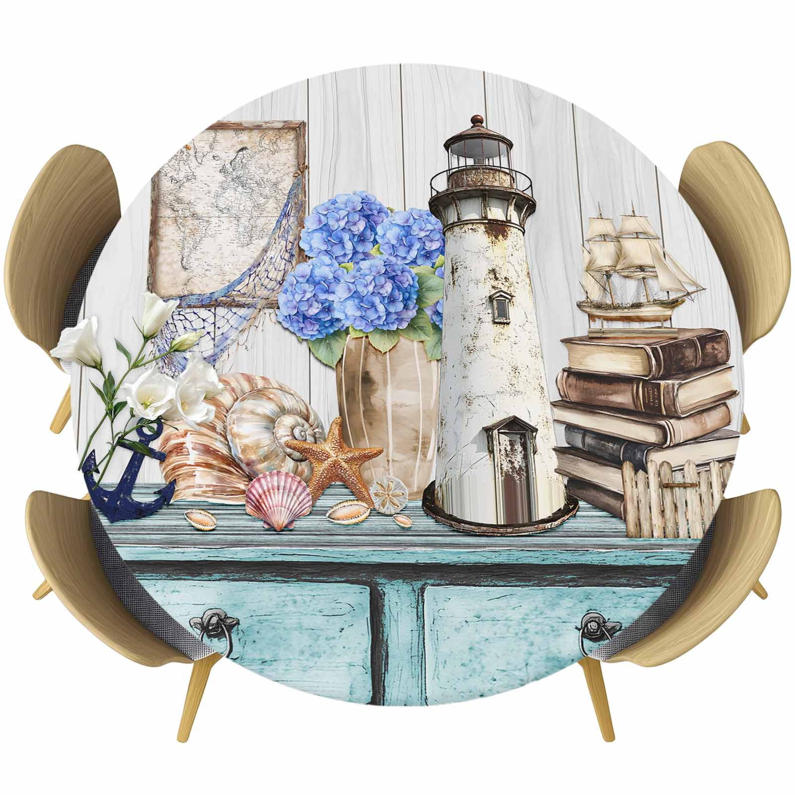 Vintage Lighthouse Coastal Round Tablecloth 36-44 Inch Round Fitted ...