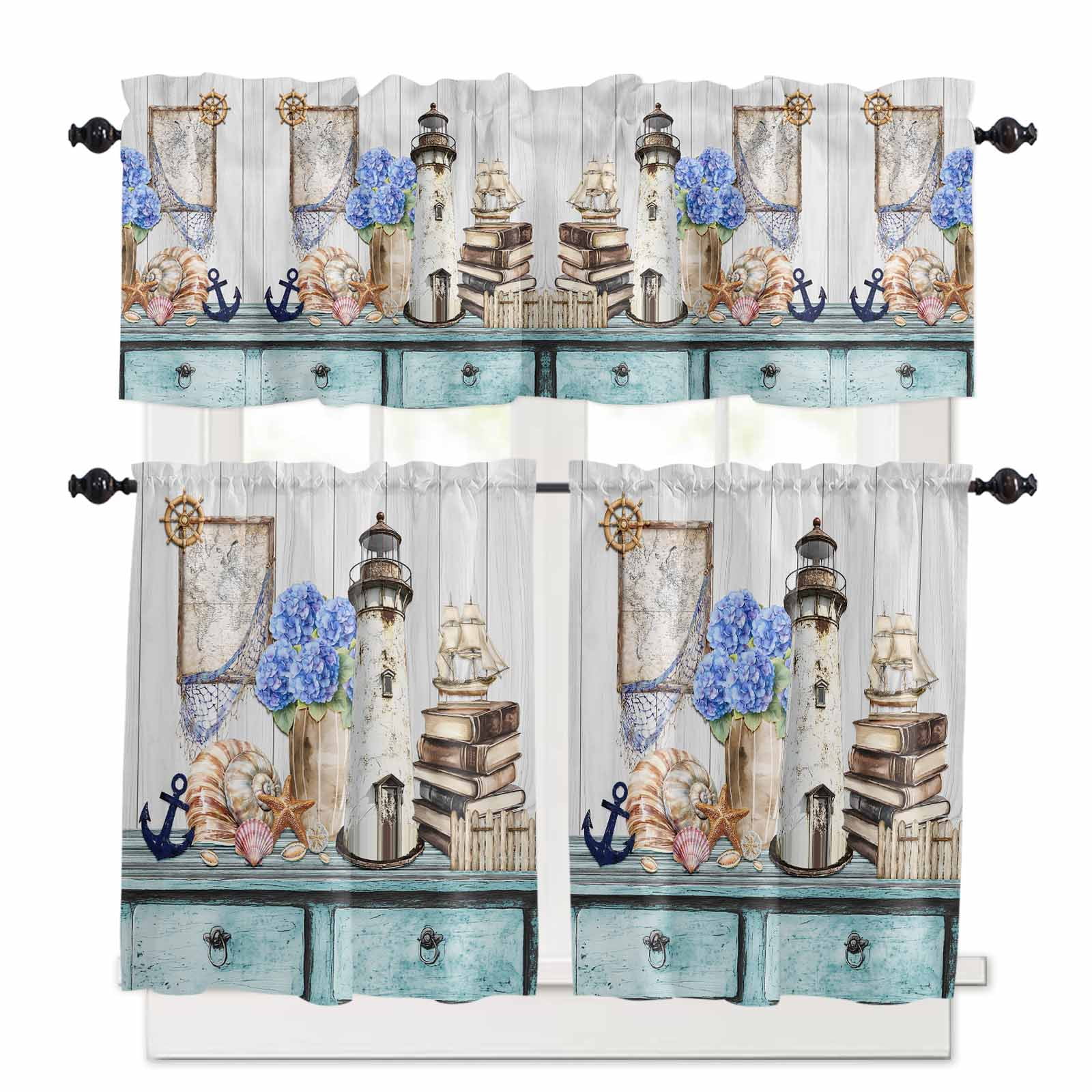 Vintage Lighthouse Kitchen Curtains and Valances Set, Anchor Book Map ...