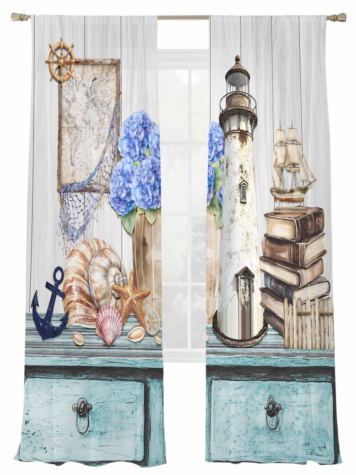 Vintage Lighthouse Sheer Curtains 2 Panels Set Anchor Book Map ...