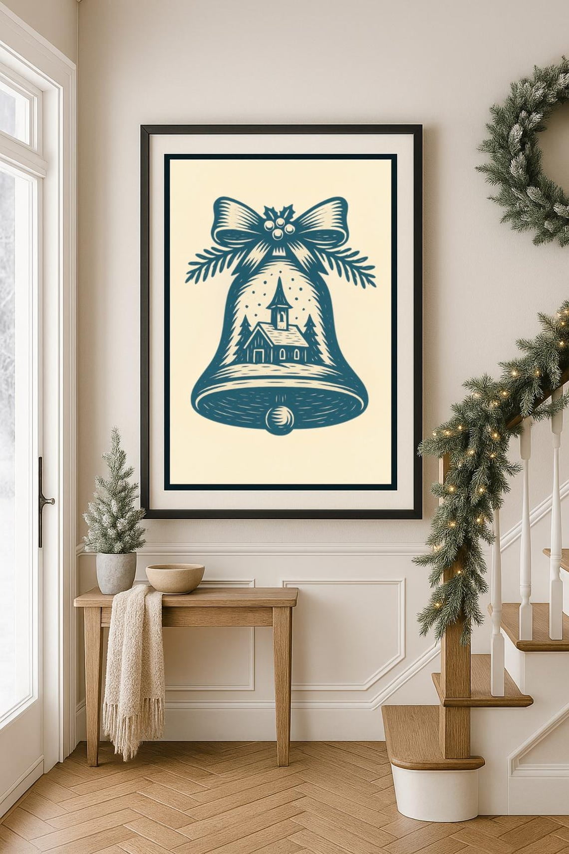 Vintage Linocut Print Blue Winter Bell Print Rustic Church & Snow, Navy ...