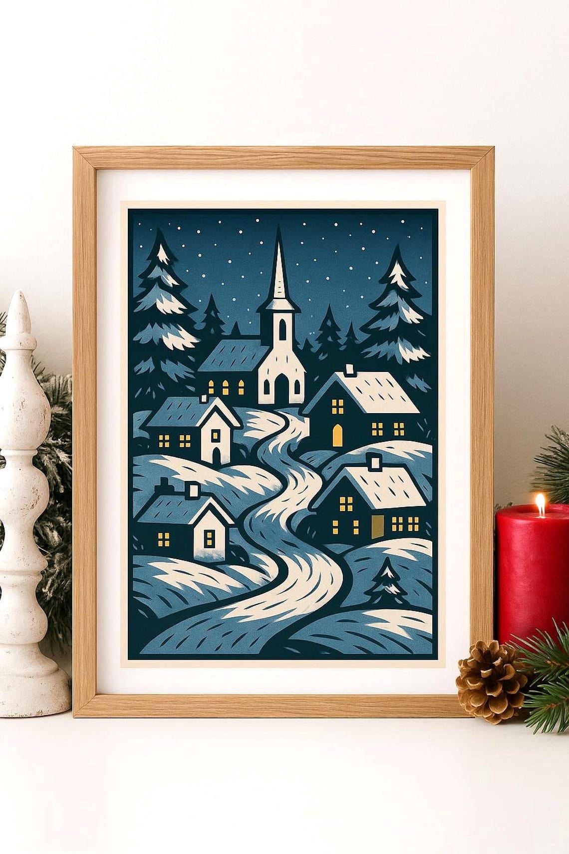 Vintage Linocut Print Snowy Church Winter Holiday Print Winter Village ...