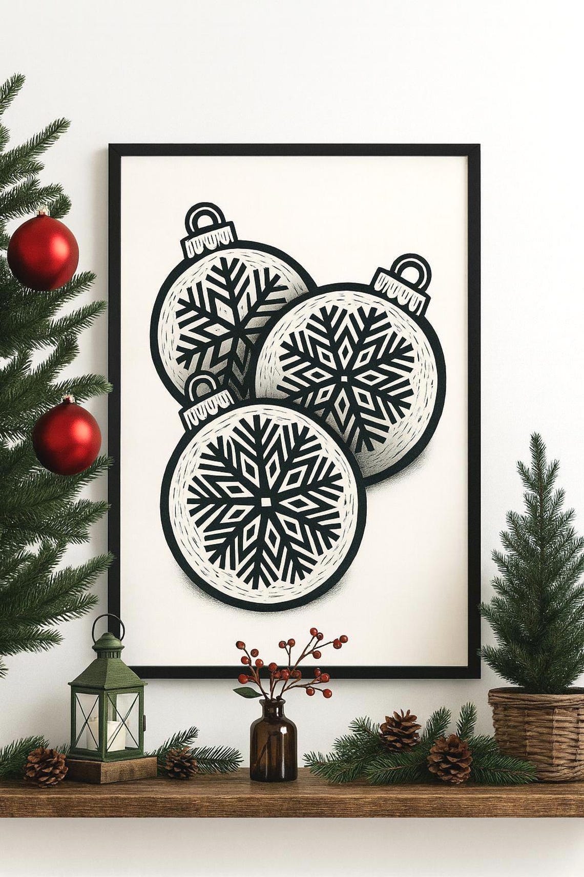 Vintage Linocut Print Winter Snowflake Ornament Print Rustic Folk Art ...