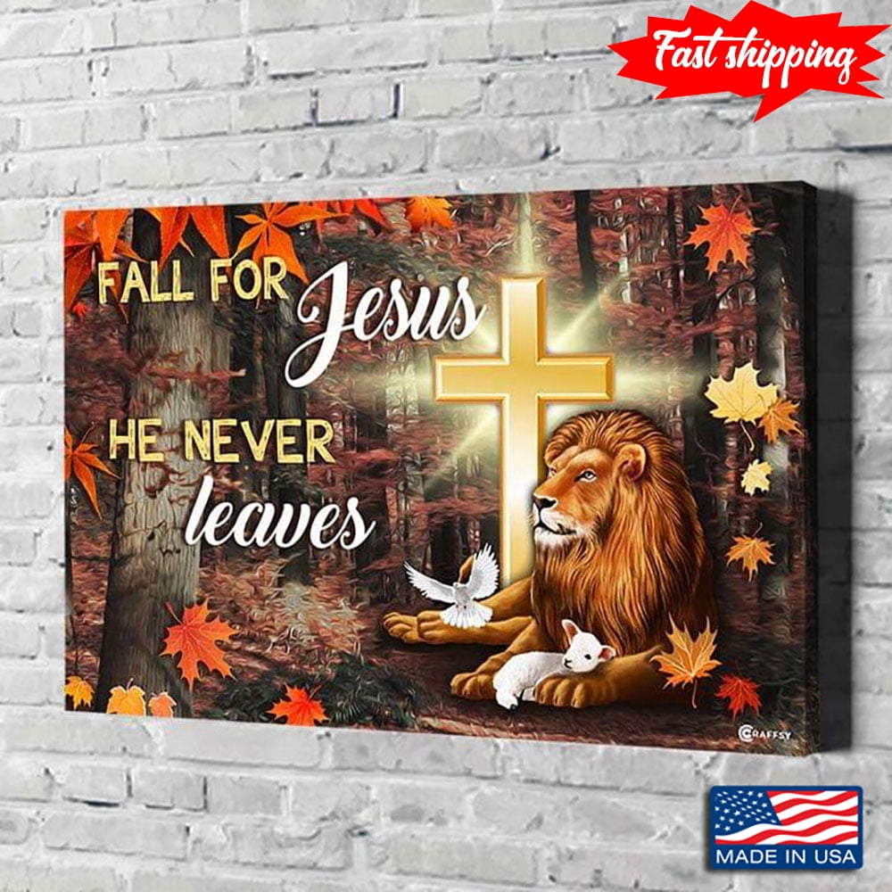 Vintage Lion With Lamb, Dove And Jesus Cross In The Autumn Forest Fall ...