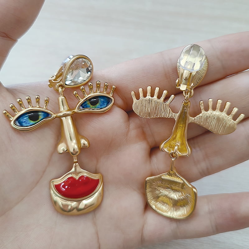 Vintage Lips Nose Evil Eyes Clip Earring Devil's Eye Nose Portrait for ...