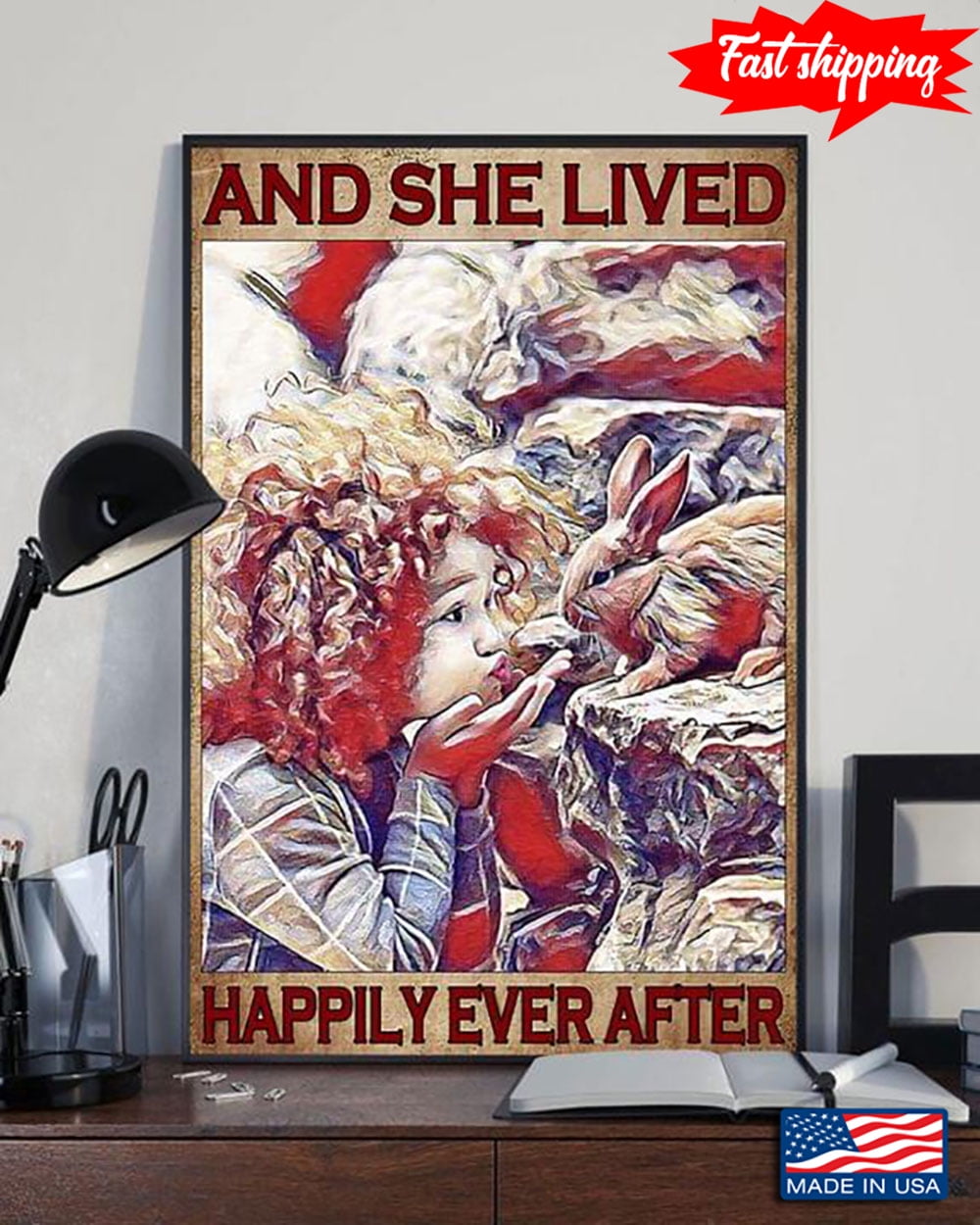 Vintage Little Girl And Rabbit And She Lived Happily Ever After 16 x 24 ...