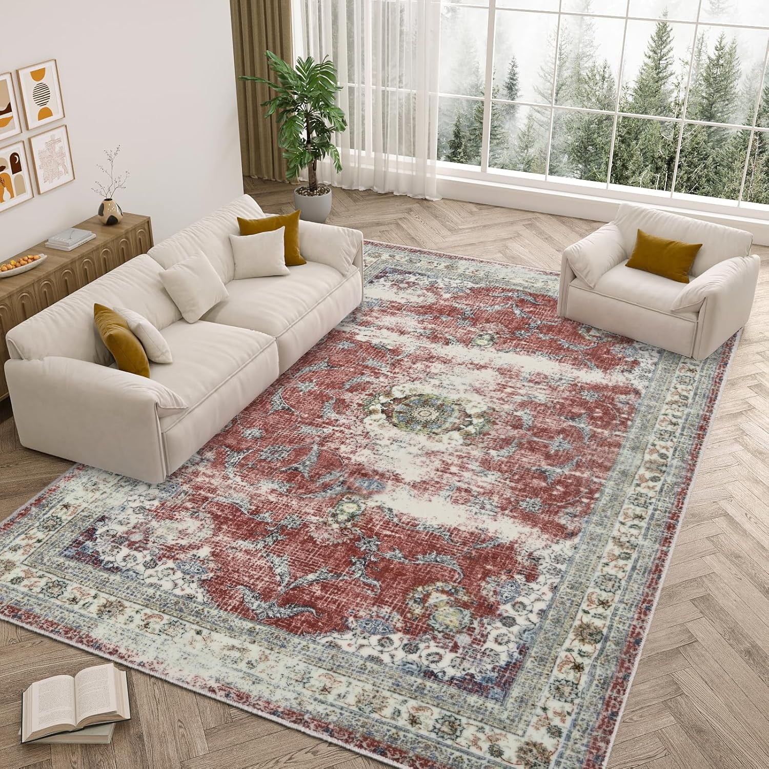 Vintage Living Room Rug 5x7 Machine Washable Area Rugs Non Slip Low ...