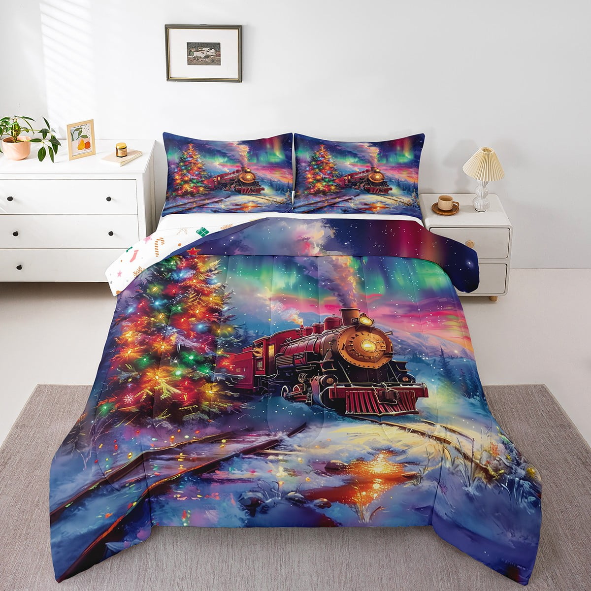 Vintage Locomotive Bedding Set Xmas Tree Rainbow Queen Comforter Set ...