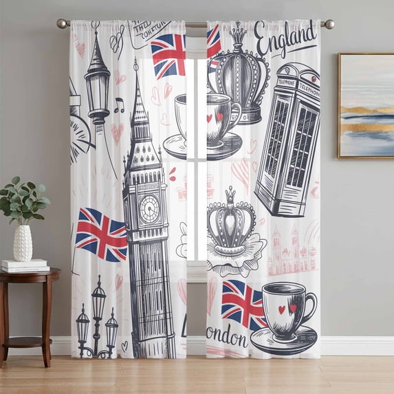 Vintage London Sheer Curtains 96 Inch Length 2 Panels Set, Farmhouse ...