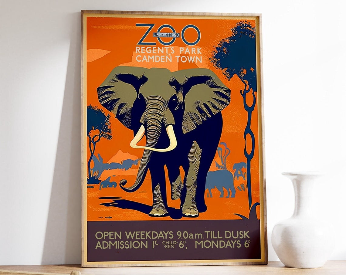 Vintage London Zoo Poster, Elephant, Retro London Zoo Print, Historical ...