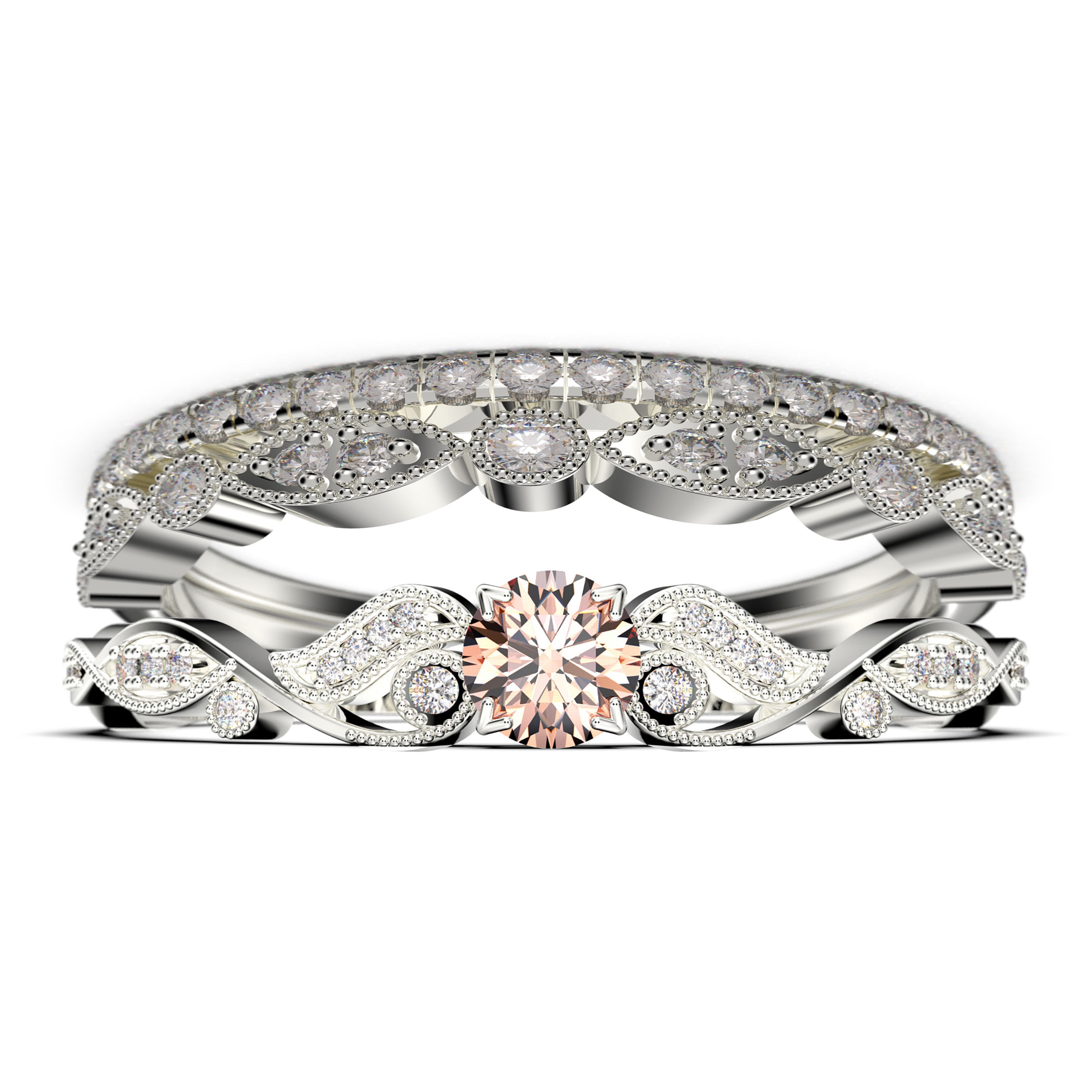 Vintage Look Boho & hippie 1.75 Carat Round Cut Morganite And Diamond Moissanite Engagement Ring ...