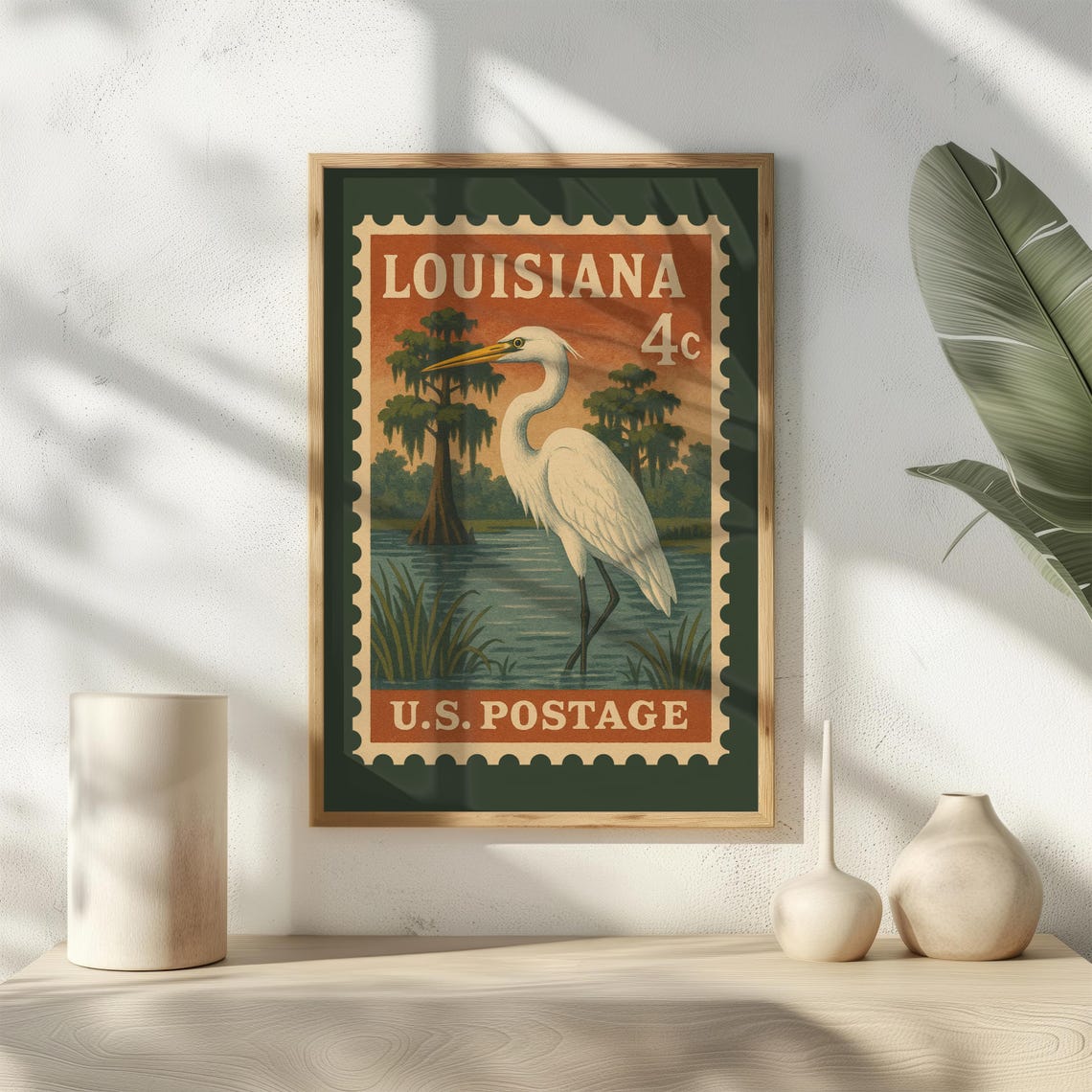 Vintage Louisiana State Postage Stamp Poster Great Egret In Bayou ...