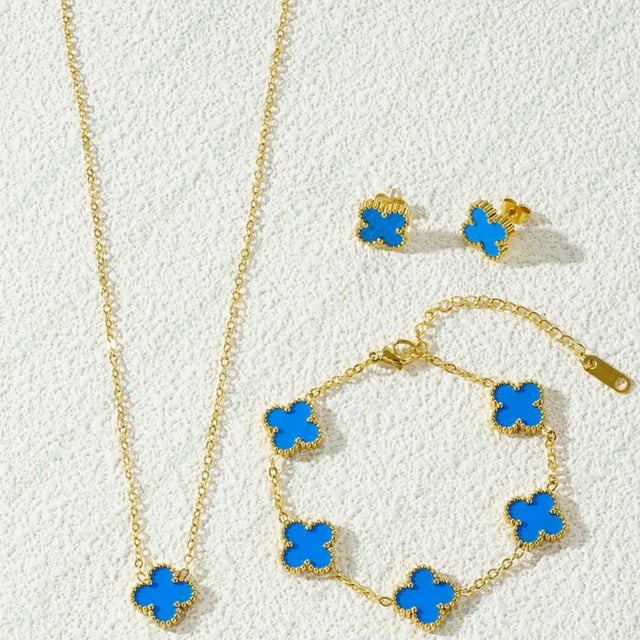 Vintage Lucky Four Leaf Clover Jewelry Set – Gold Chain Light Blue ...