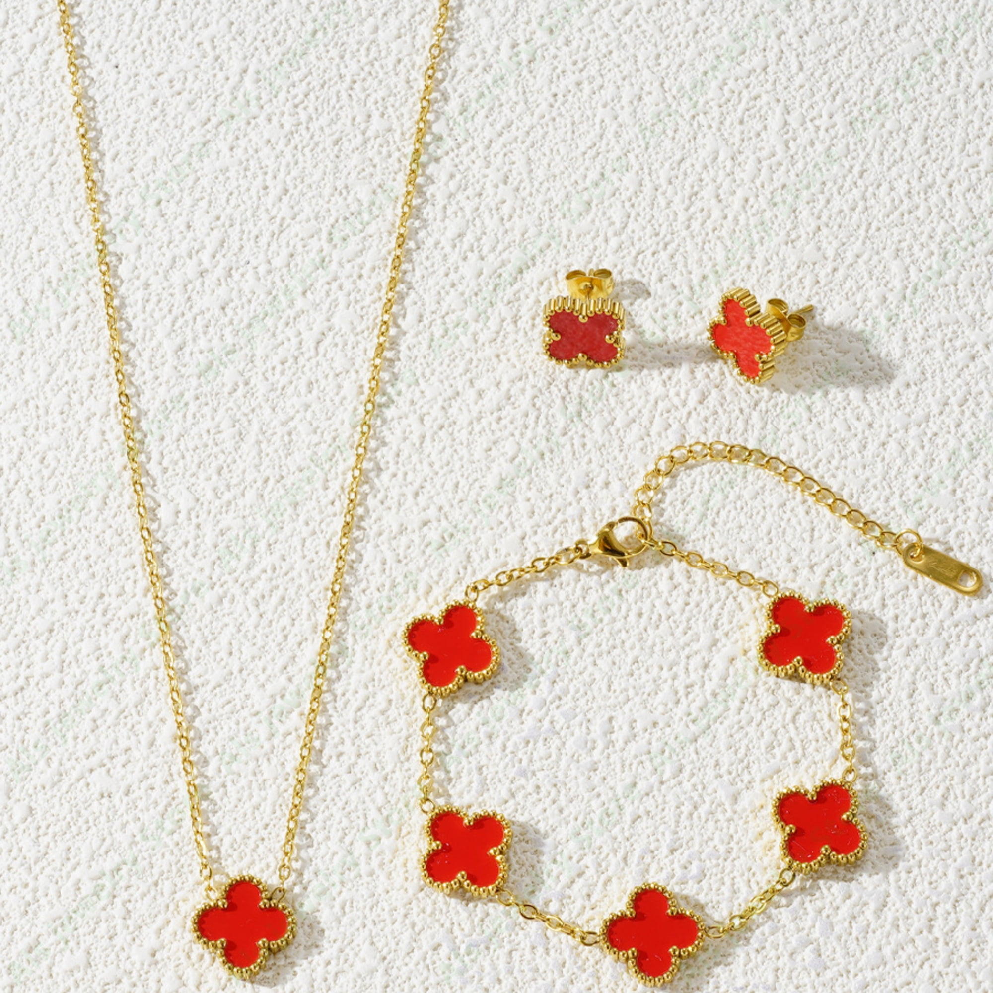 Vintage Lucky Four Leaf Clover Jewelry Set – Gold Chain Red Agate ...