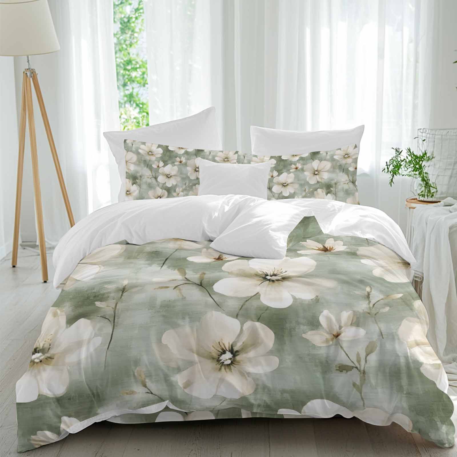 Vintage Magnolia Duvet Cover Set Queen Size White Blooming Flower Green ...