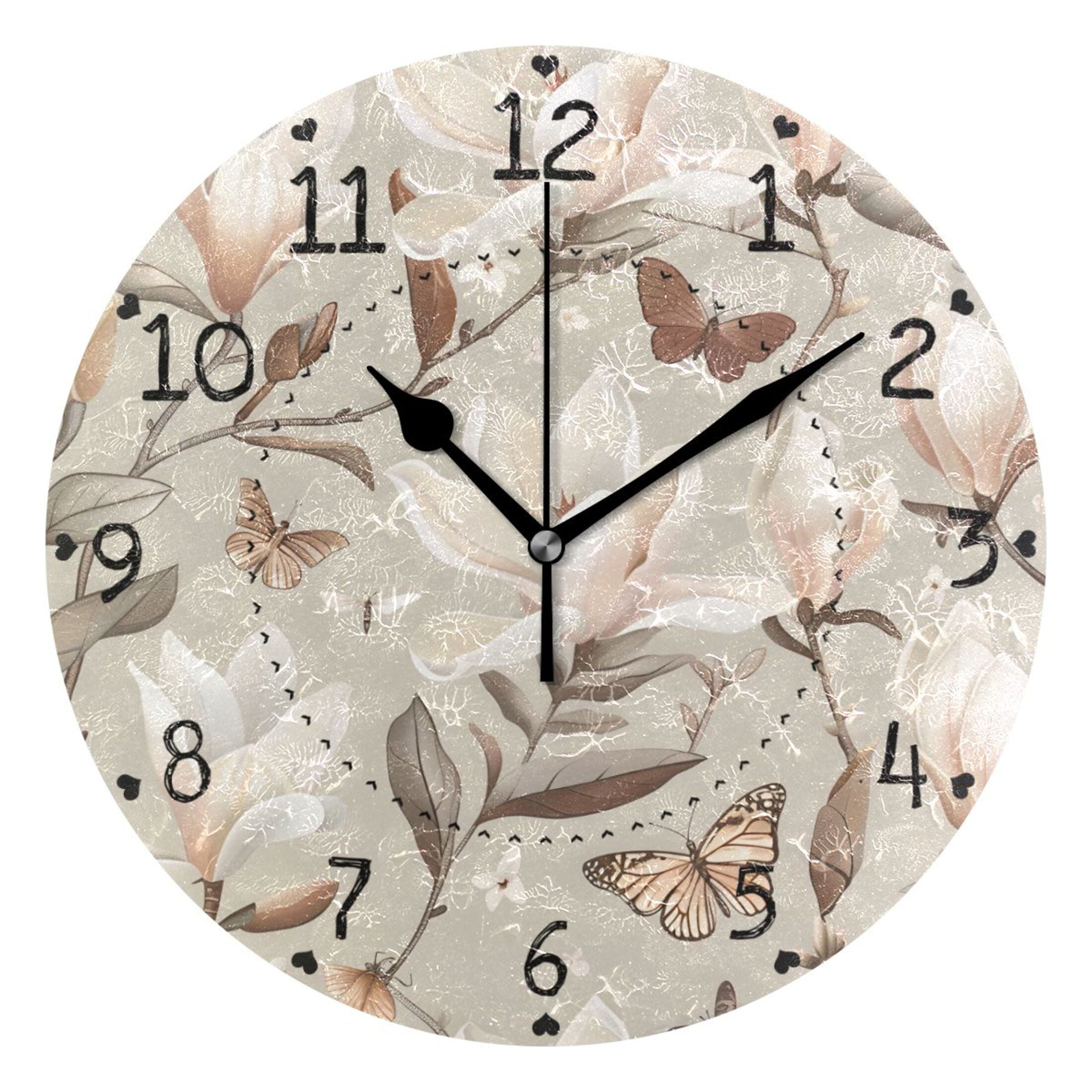 Vintage Magnolia Leaves and Butterflies Round Wall Clock Silent Analog ...