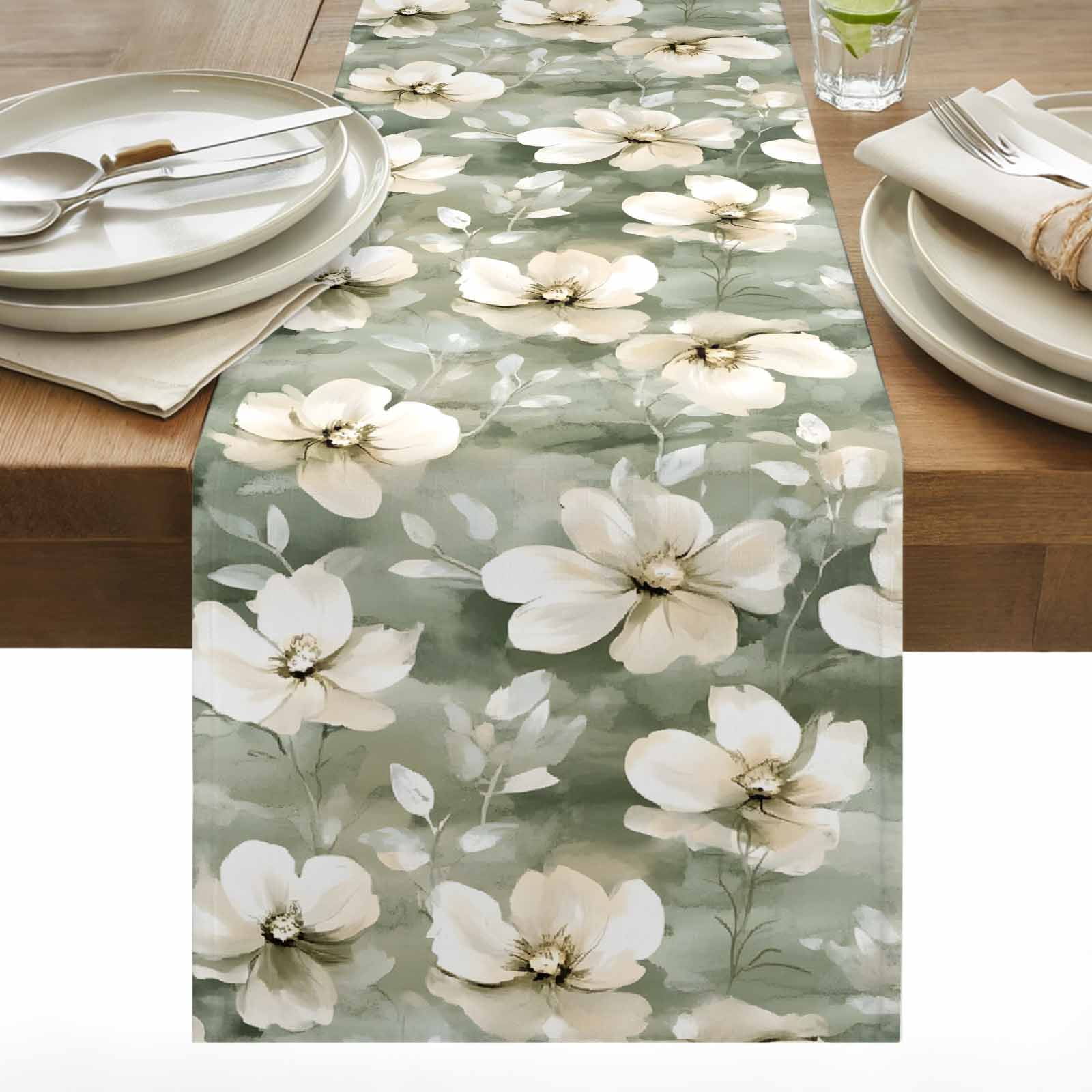 Vintage Magnolia Table Runner 13x60 inch White Blooming Floral Green ...
