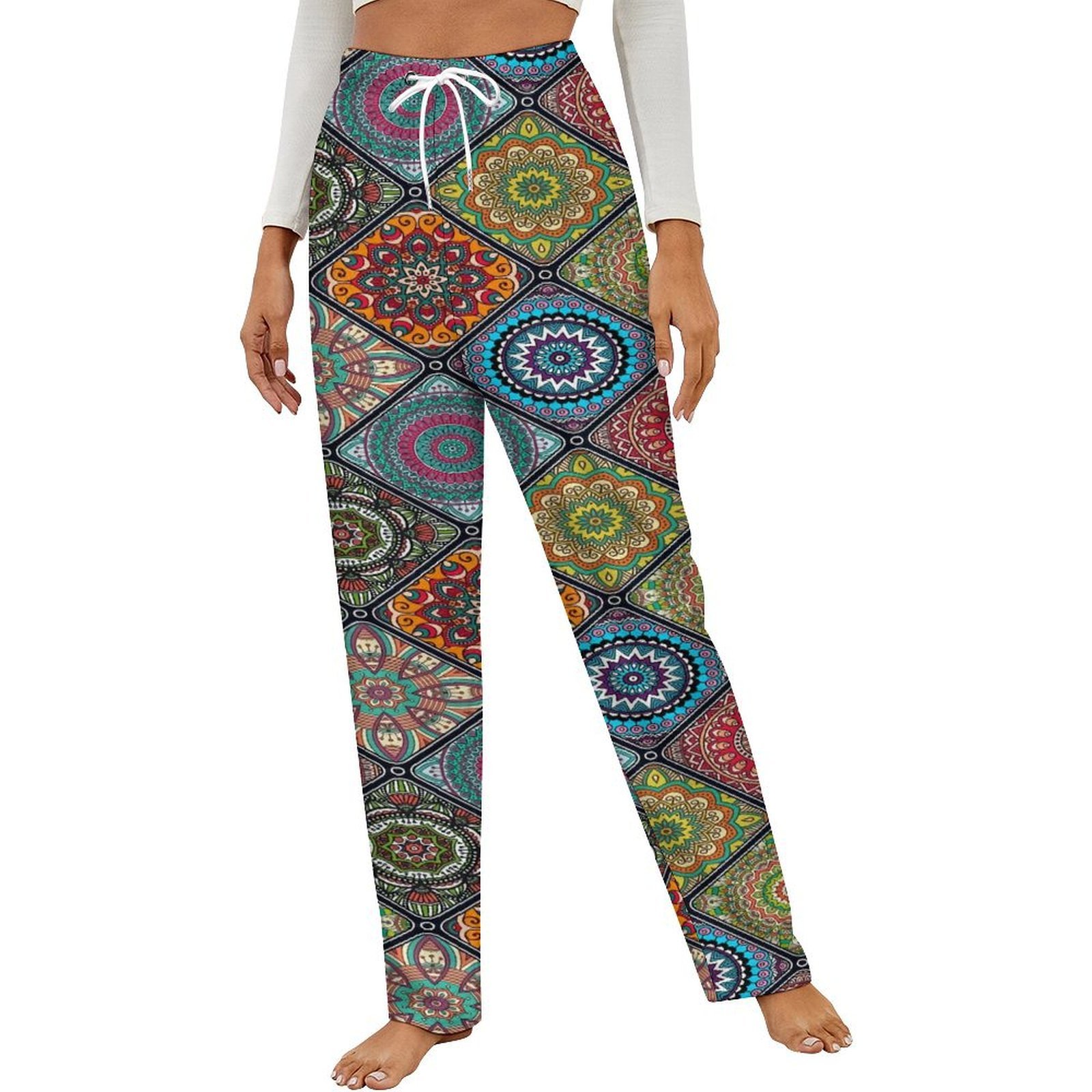 Vintage Mandala Elements Winter Female Pants Flannel High Waist Women ...