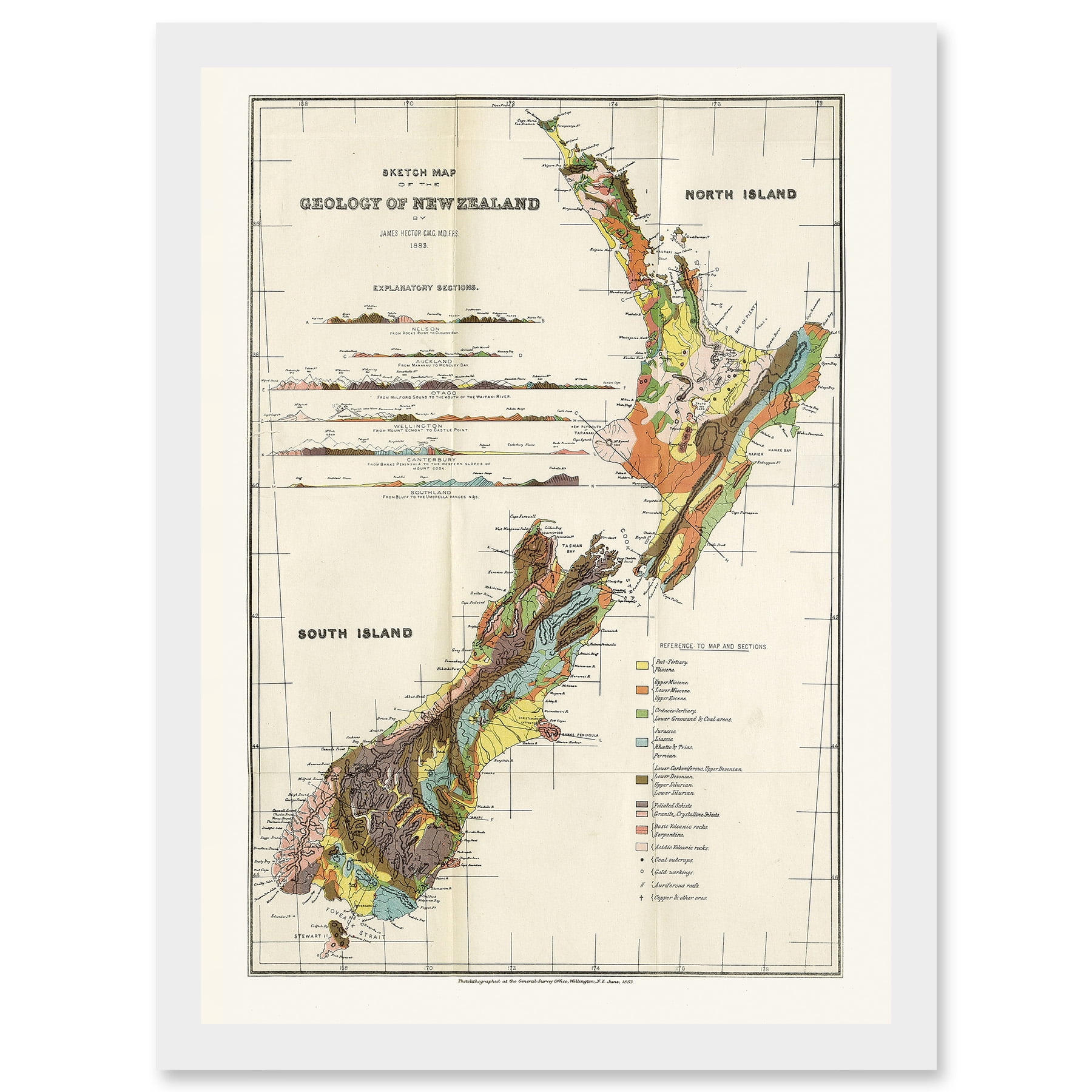 Vintage Map 1883 Hector Sketch New Zealand Geology Aotearoa Artwork ...