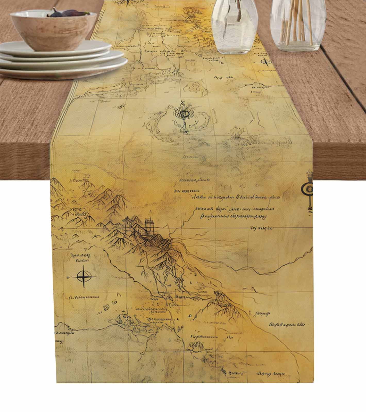 Vintage Map Burlap Cotton Table Runner 13x108 Inches Long, Middle ...