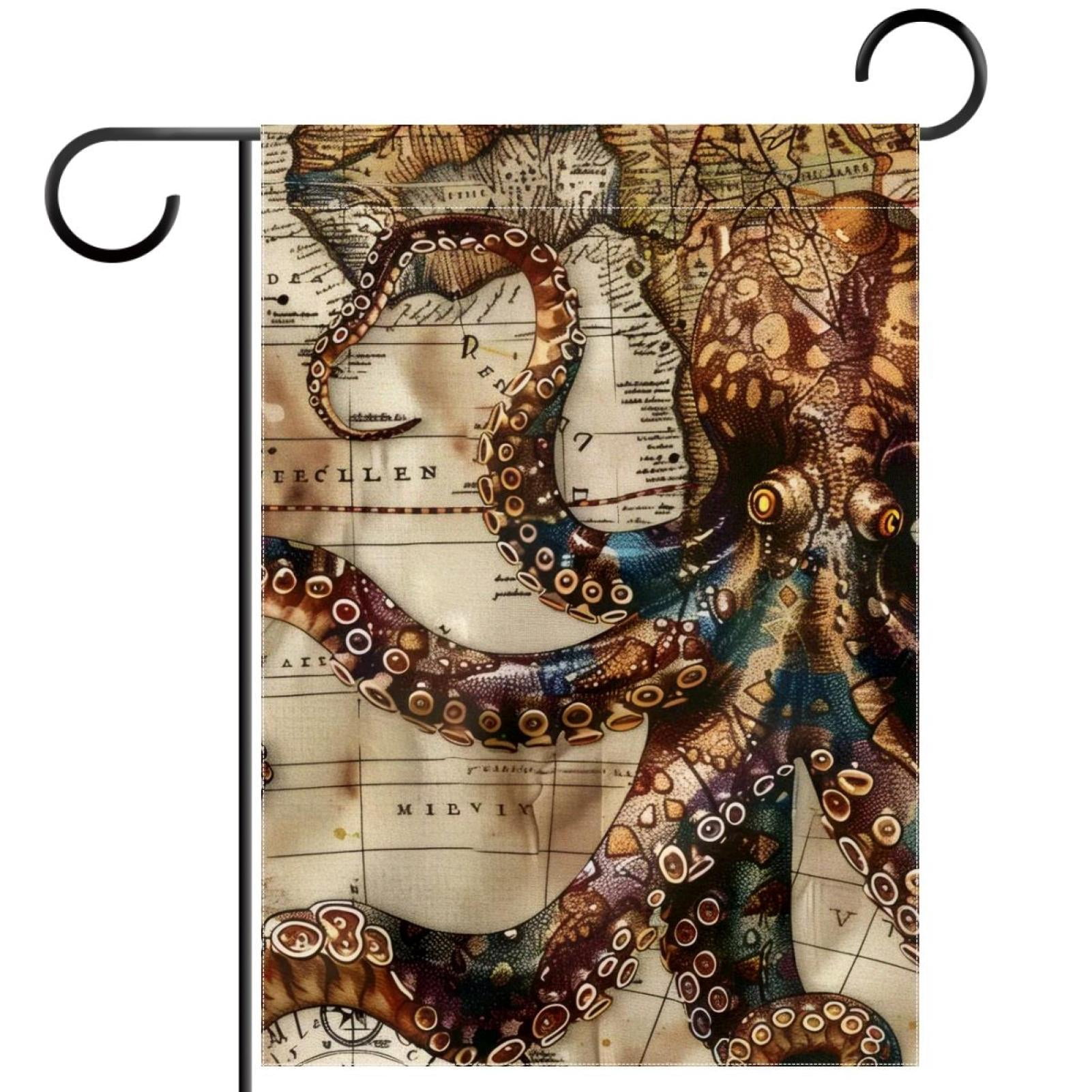 Vintage Map Ocean Marine Octopus Double Sided Garden Flag Decorative ...